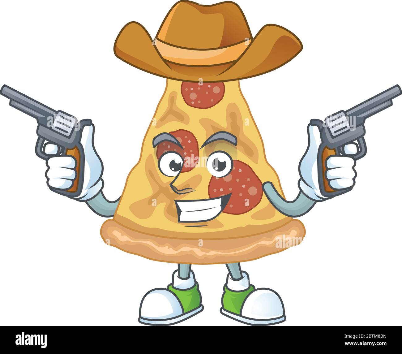 A masculine cowboy cartoon drawing of slice of pizza holding guns Stock ...
