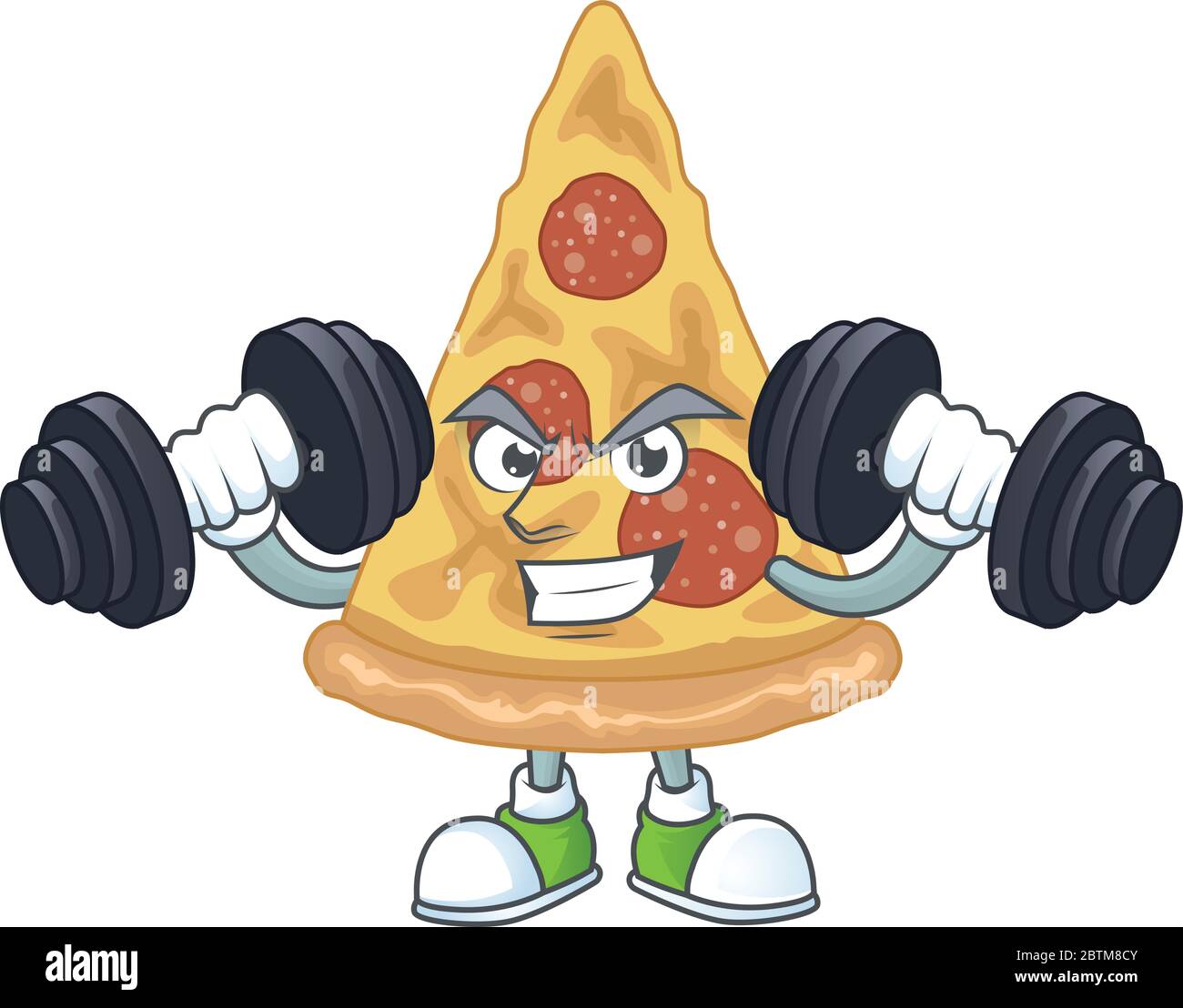 Caricature picture of slice of pizza exercising with barbells on gym ...