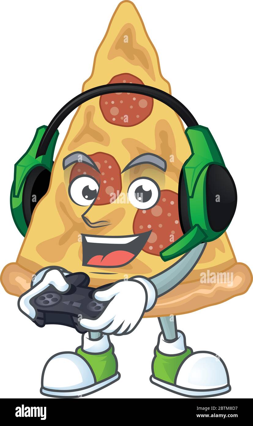 A cartoon design of slice of pizza clever gamer play wearing headphone ...