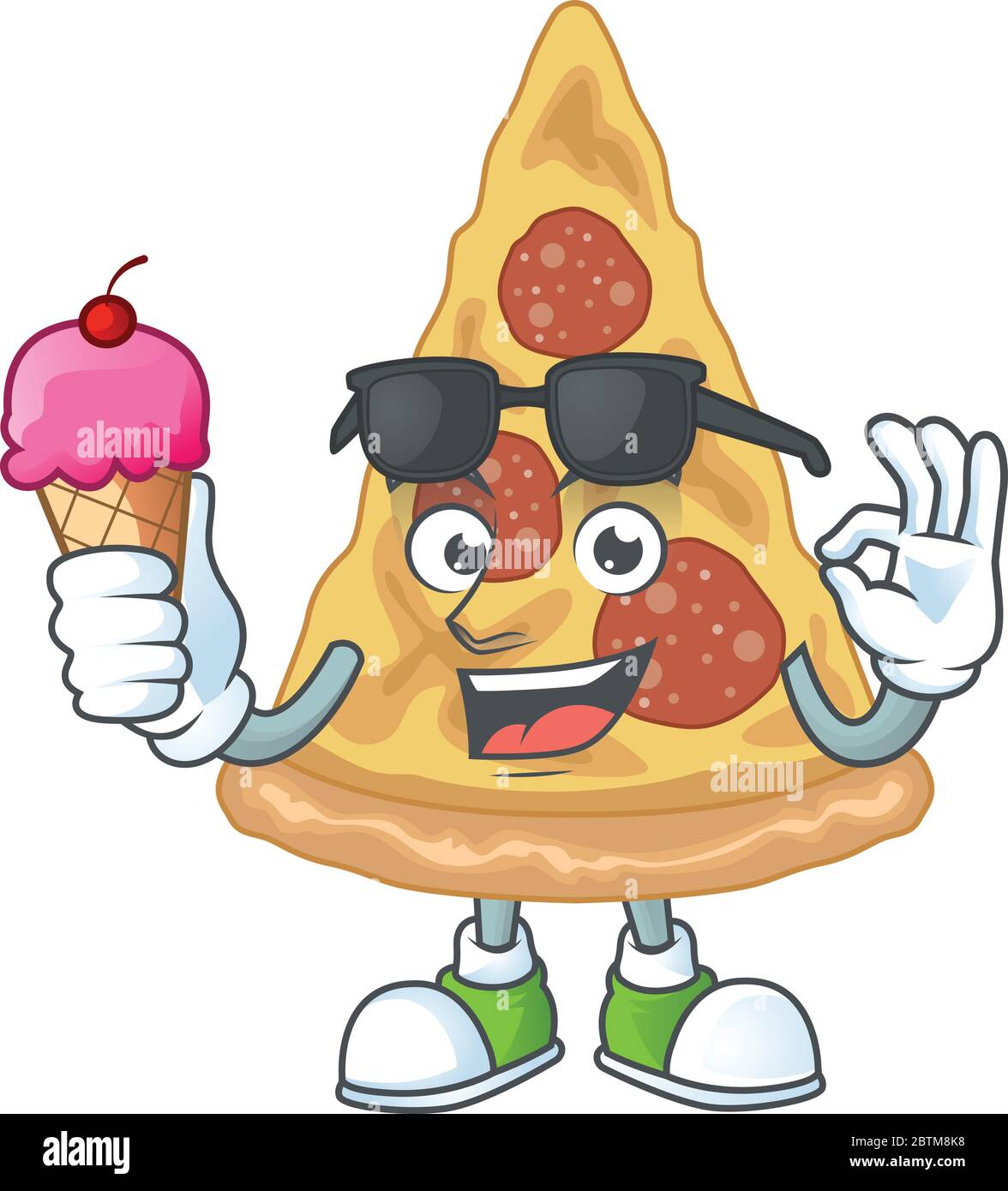 Happy face of slice of pizza cartoon mascot having an ice cream Stock ...