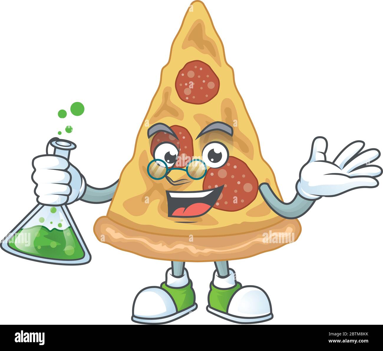 Slice of pizza smart Professor Cartoon character holding glass tube on ...