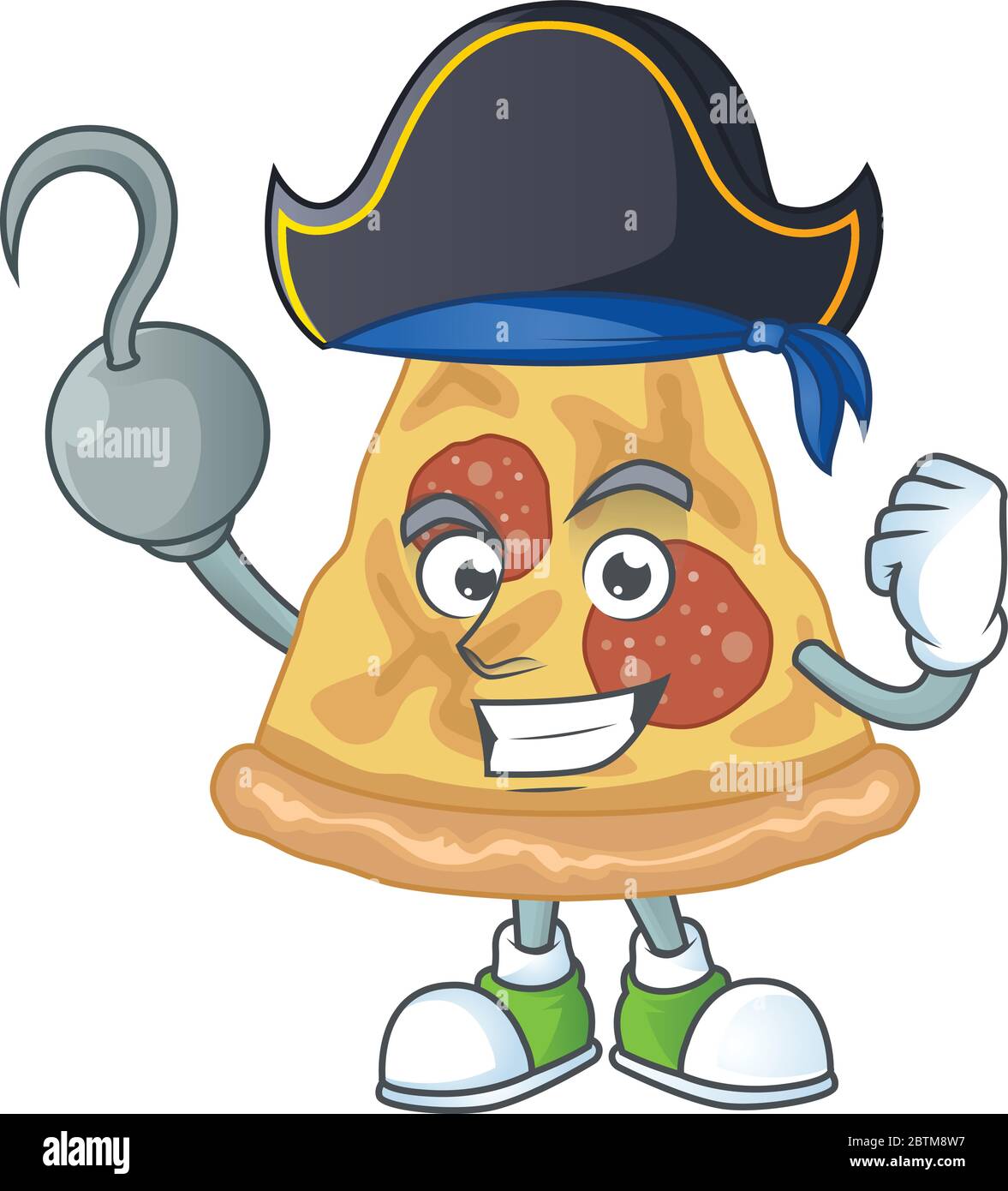 mascot design style of slice of pizza as a pirate having one hook hand ...