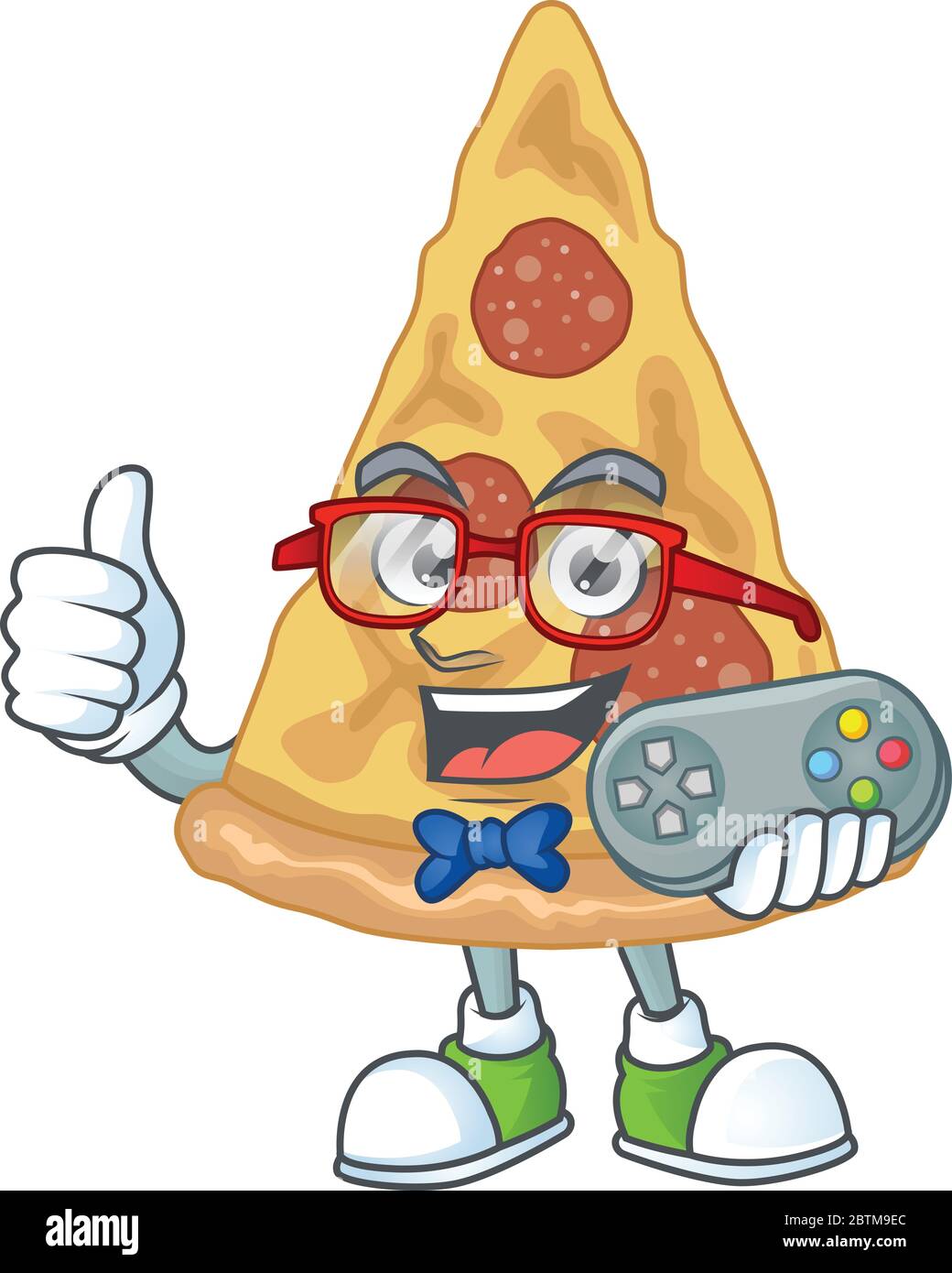 Cartoon mascot design of slice of pizza play a game with controller ...
