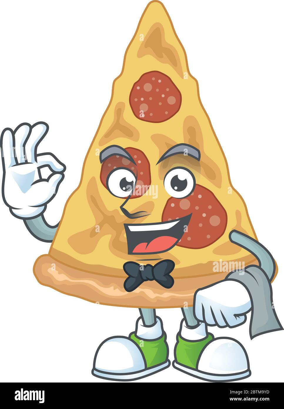 A cartoon image of slice of pizza as a waiter character ready to serve ...