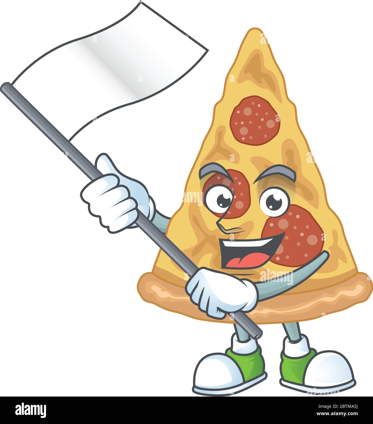 Cute caricature character of slice of pizza with a white flag Stock ...