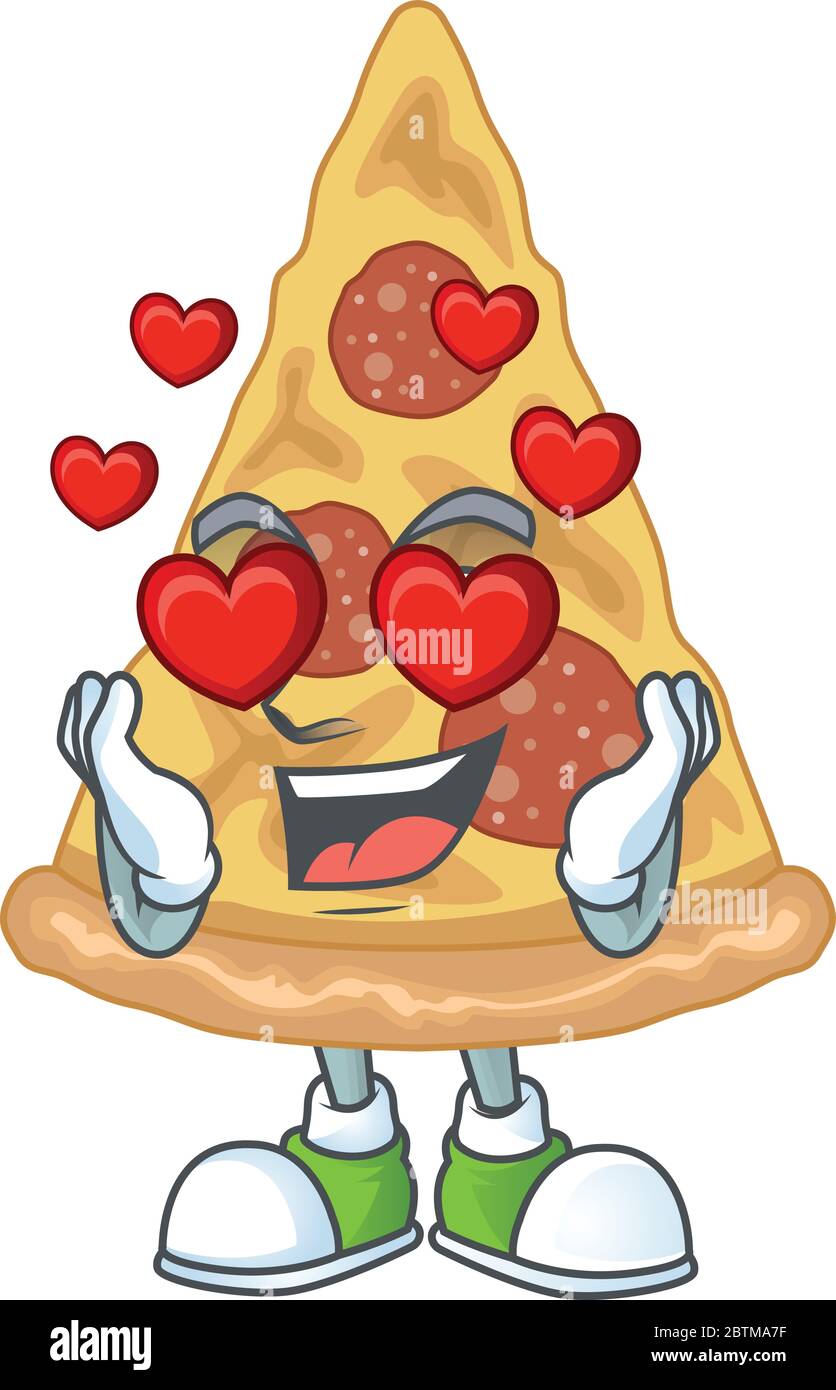 An adorable slice of pizza cartoon mascot style with a falling in love ...