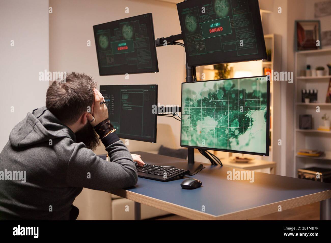 Side View Adult Hacker Working On Computer Cyber Crime Angry Hacker