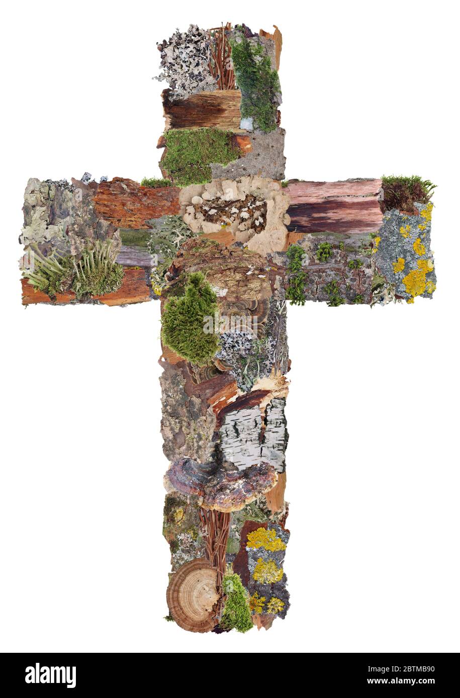 Cross of Jesus in my heart made from natural forest objects . Isolated ...