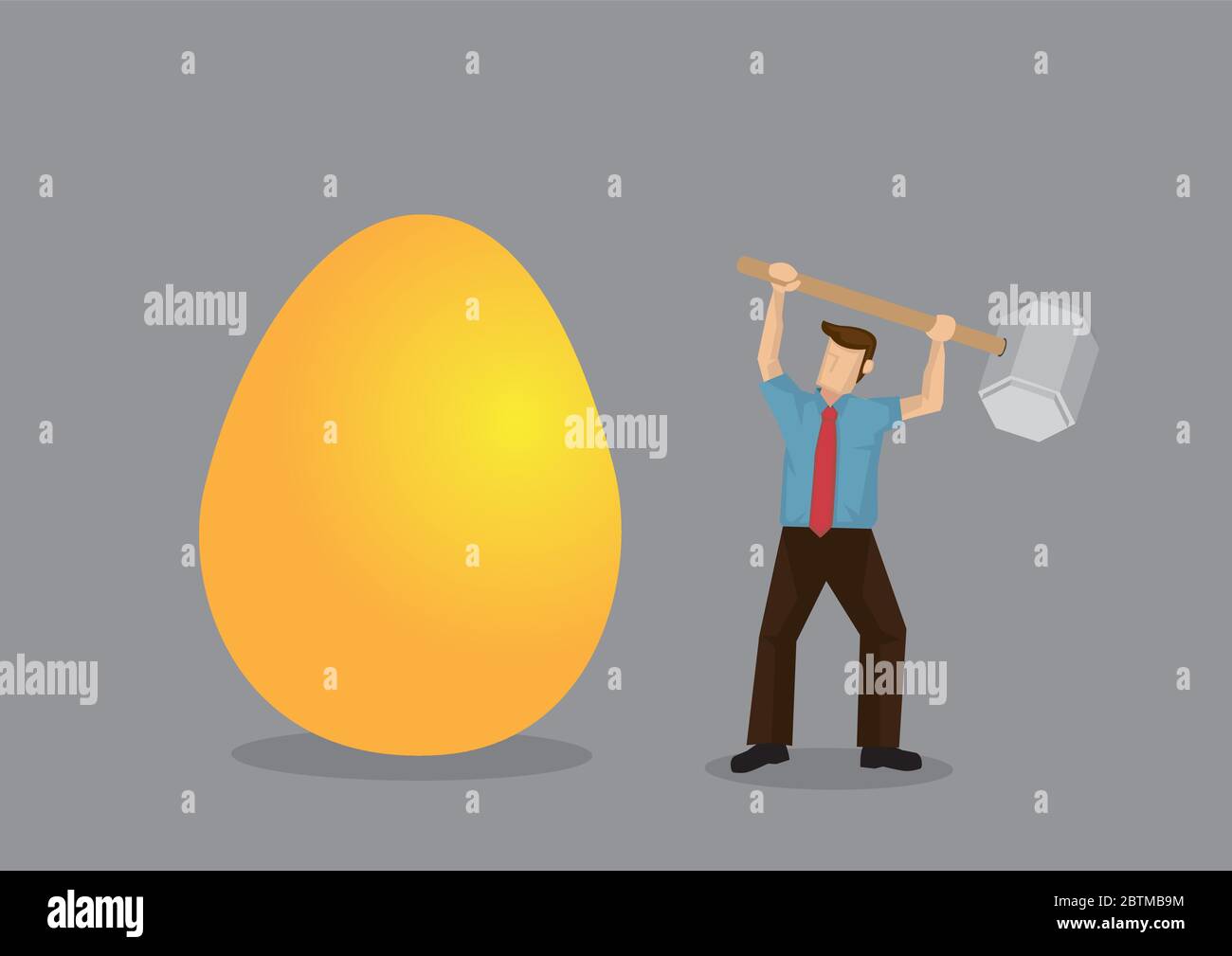 Cartoon man raises hammer ready to break huge golden egg, representing ...