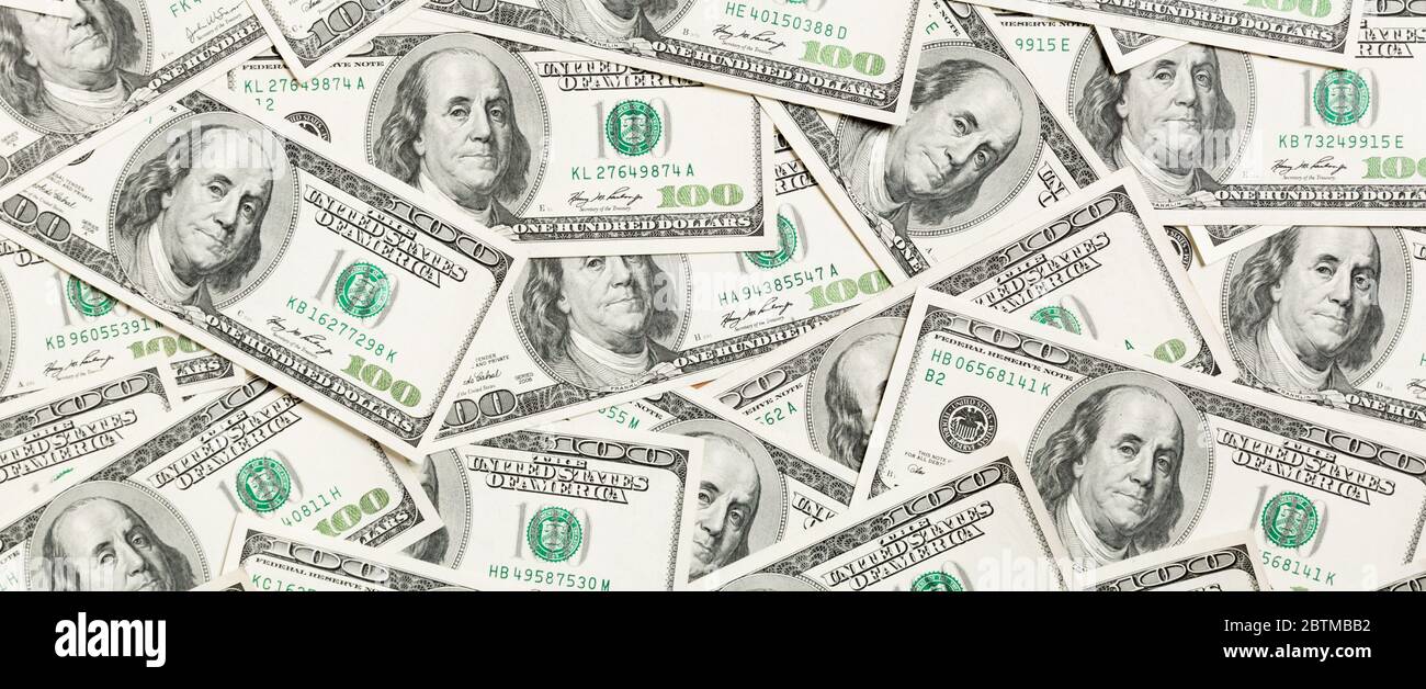 Top view of one hundred dollar banknotes made as a background. USD ...