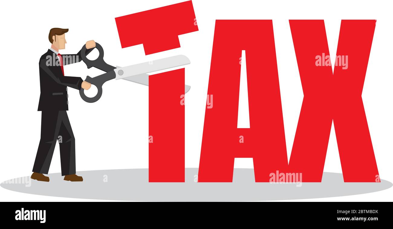 Businessman with a giant scissor cutting a tax block. Concept of tax ...