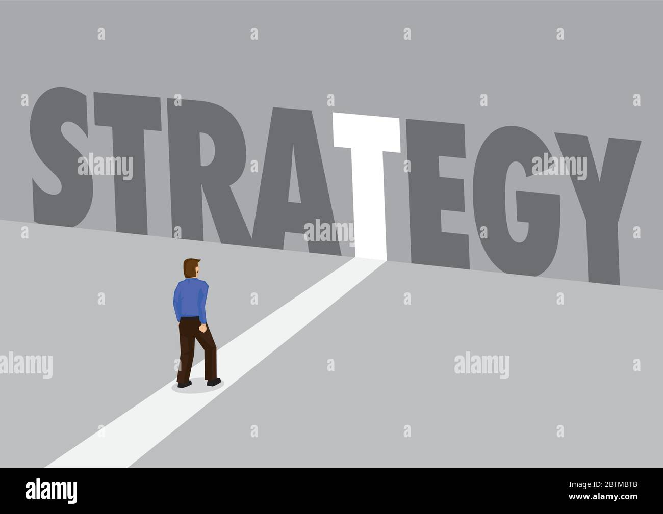 Businessman walking towards a light path with the text strategy ...