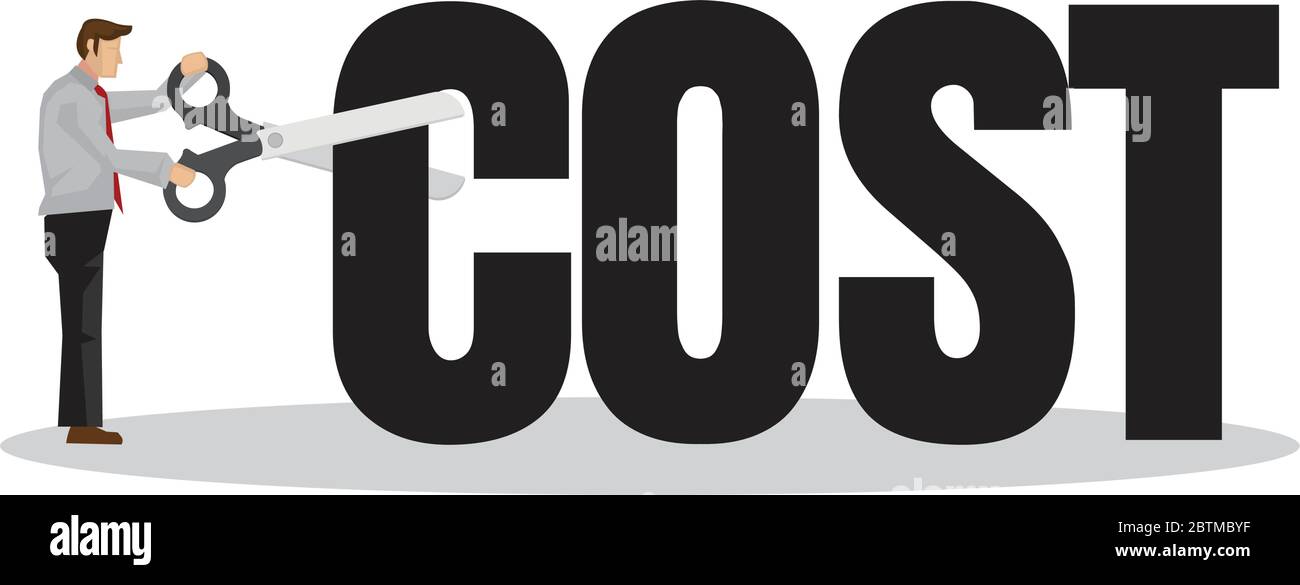 Businessman with a giant scissor cutting a cost block. Concept of cost ...
