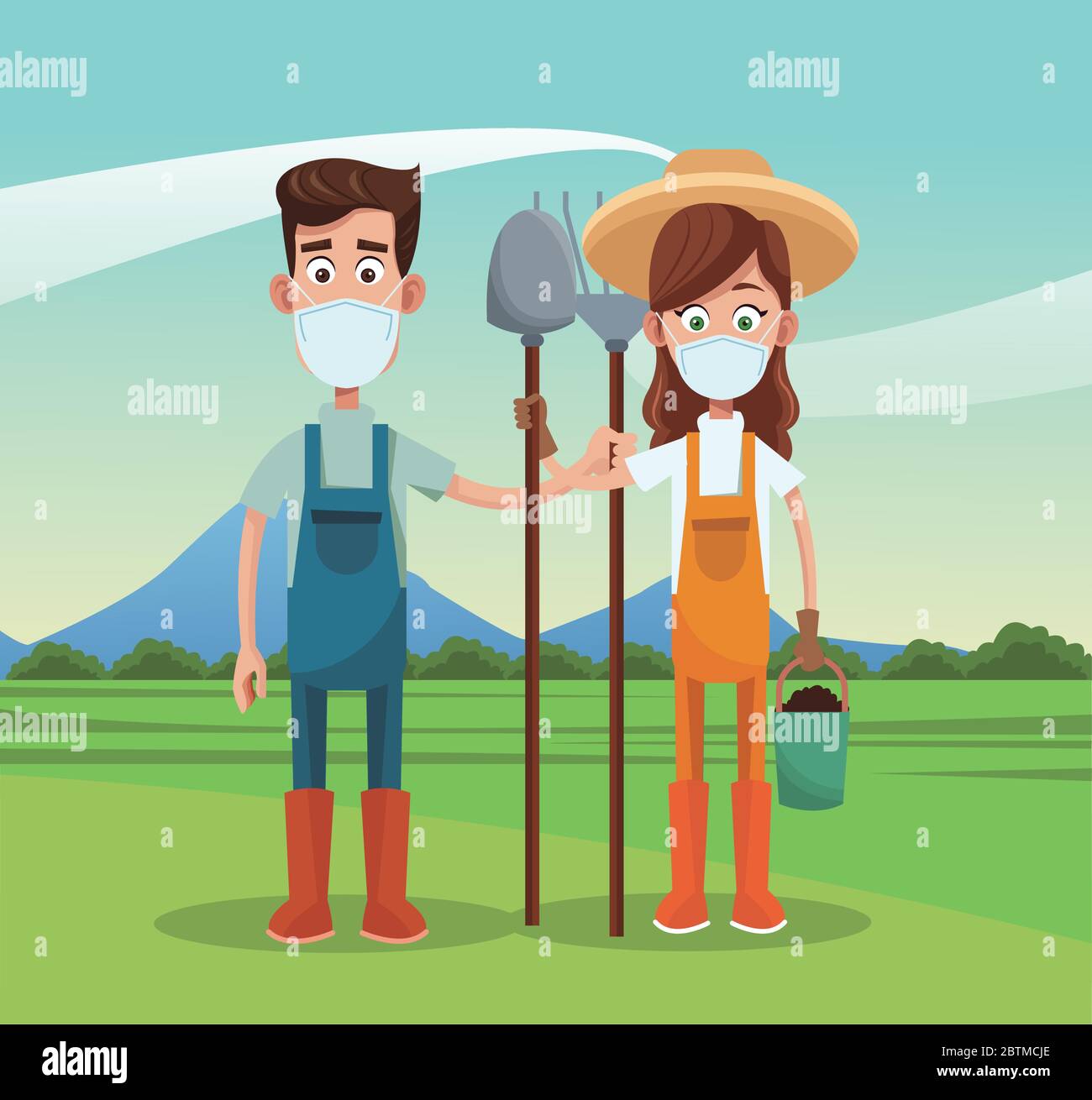 farmers couple wearing medical masks scene Stock Vector Image & Art - Alamy