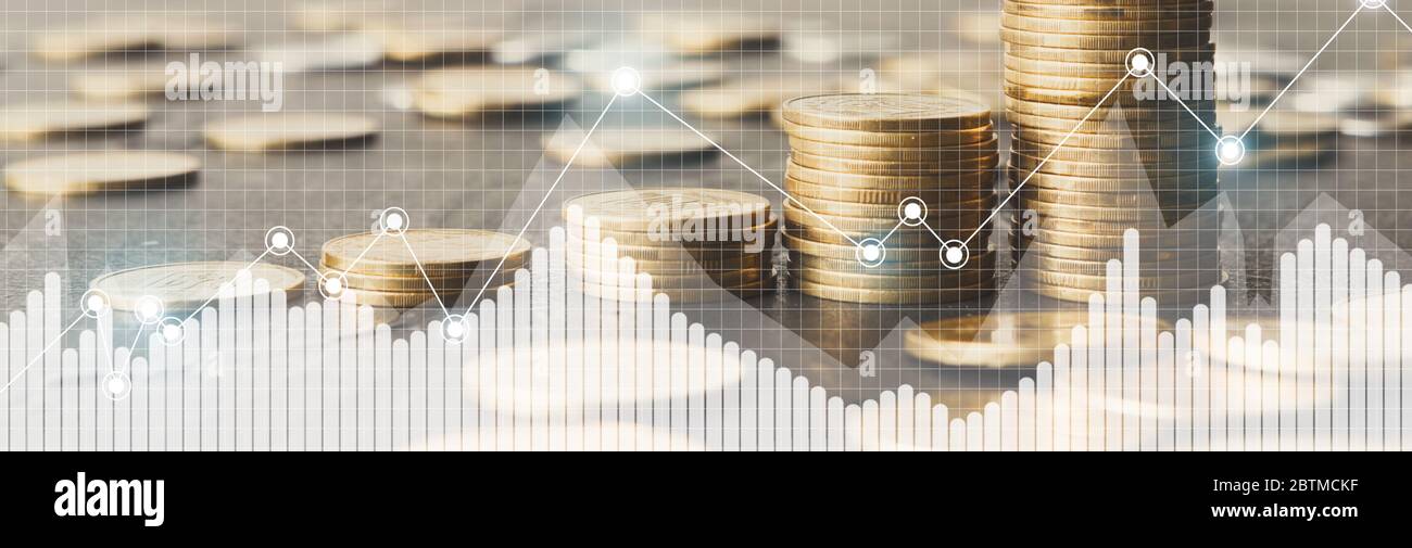 Economic growth. Collage with stacks of coins and financial charts on ...