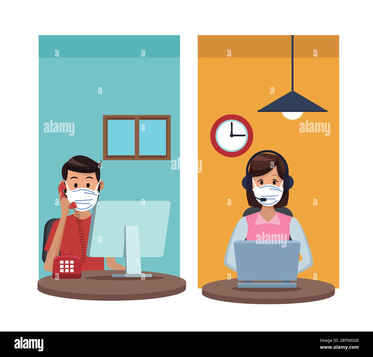 call center support couple workers wearing medical mask Stock Vector ...