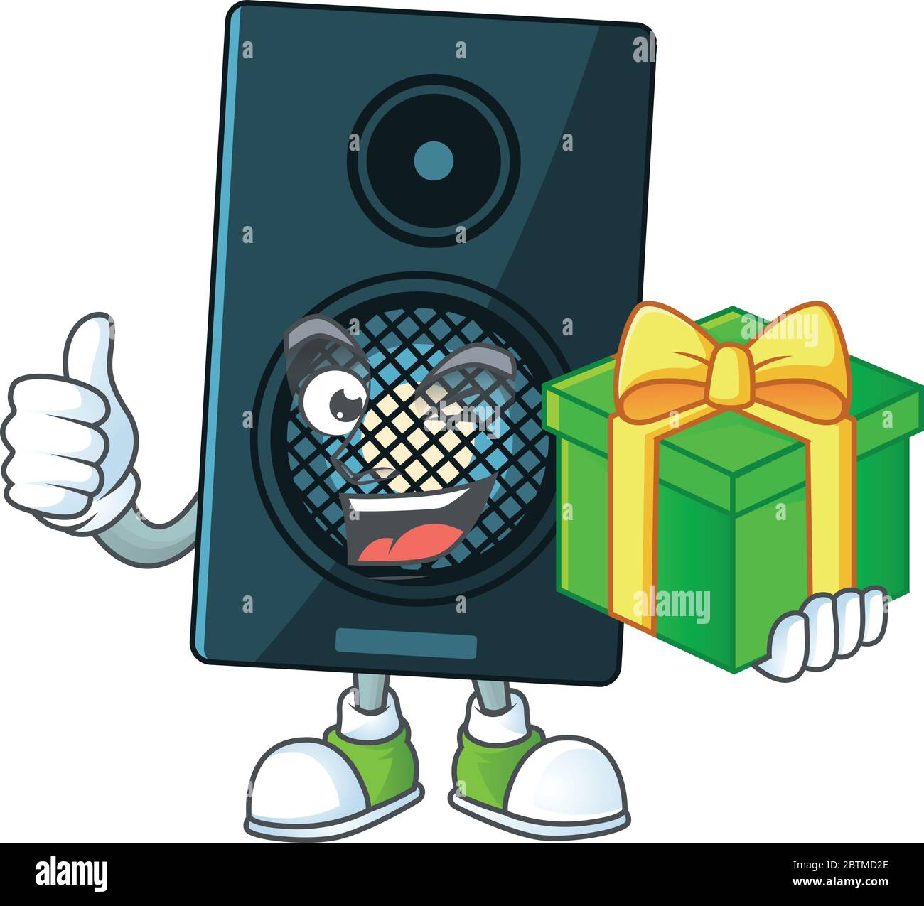 Happy smiley sound system cartoon mascot design with a gift box Stock ...
