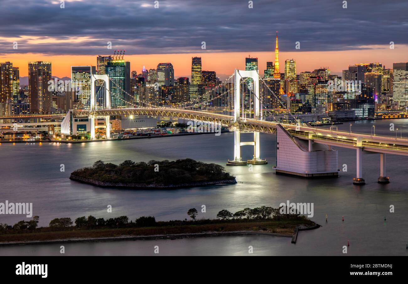 Japan ,Tokyo City, Tokyo Bay, Minato Ku skyline and rainbow bridge ...