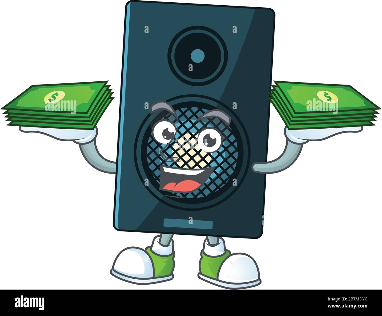 A cheerful sound system cartoon mascot design having some money on ...