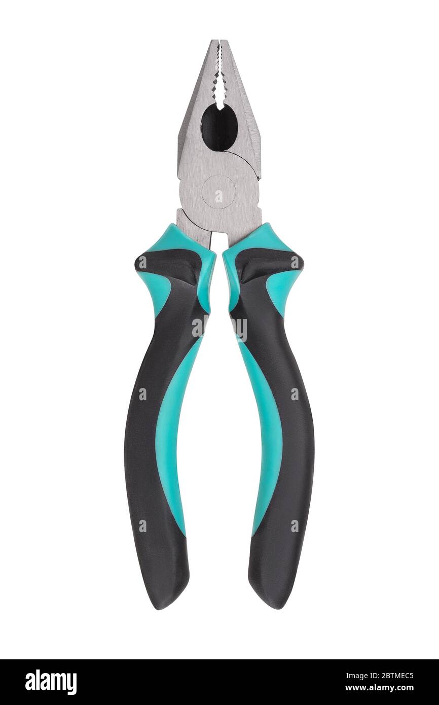 Opened pliers with blue handle isolated on a white background Stock ...