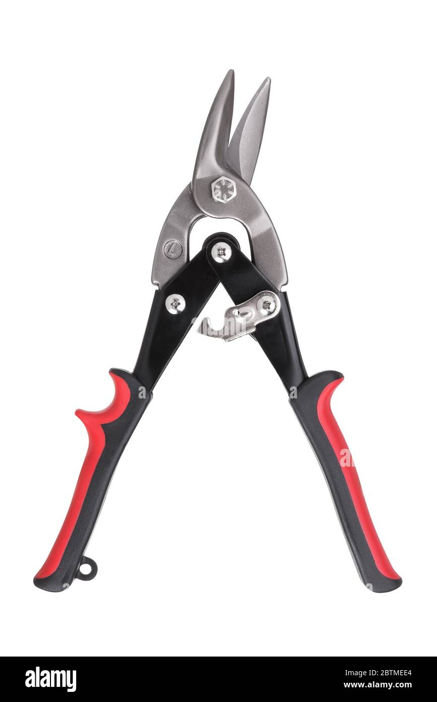 Opened scissors for metal with red and black rubber handle isolated on ...