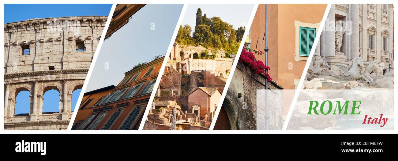 Horizontal banner with a collage of 5 images of the sights of Rome ...