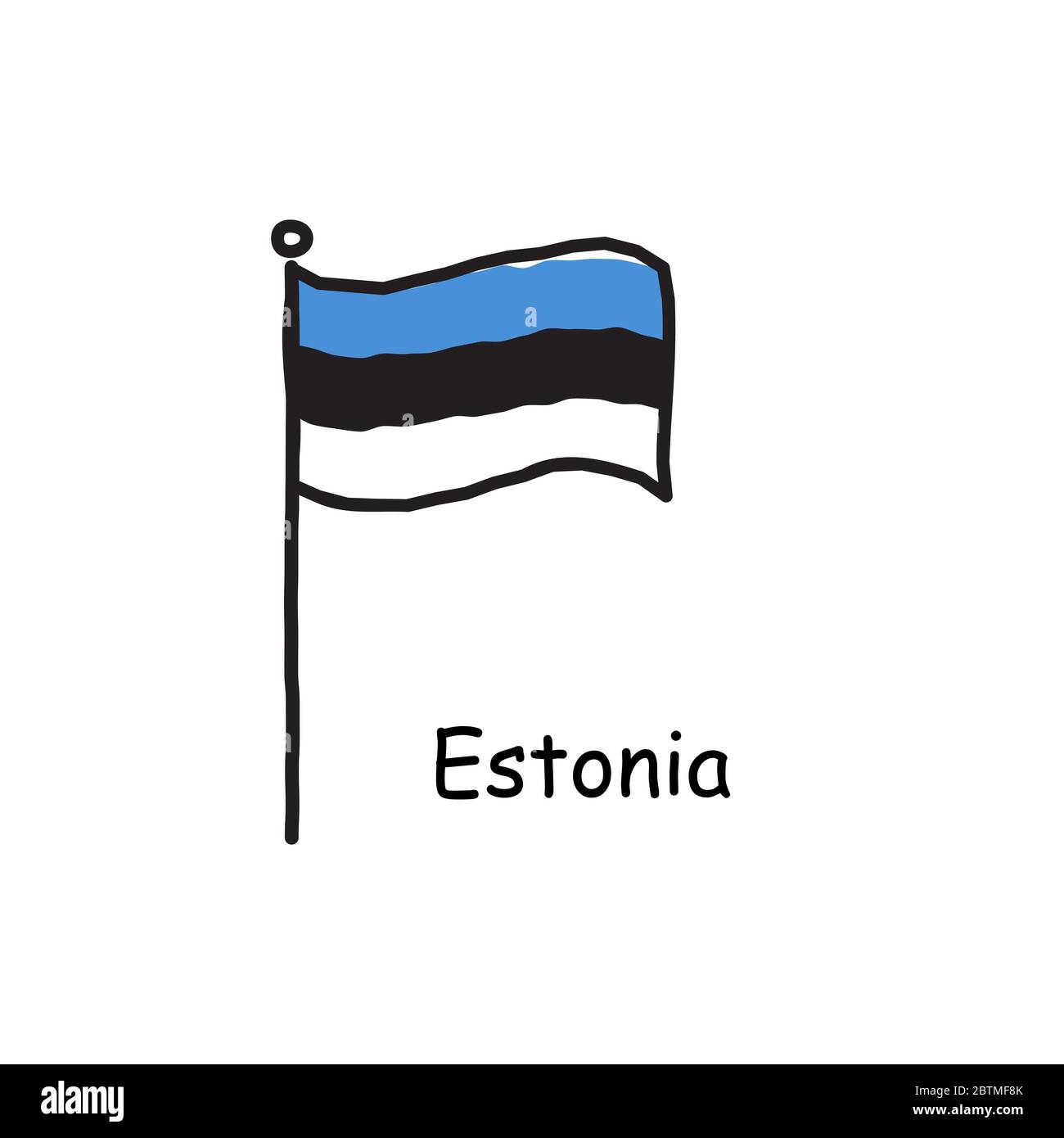 hand drawn sketchy Estonia flag on the flag pole. three color flag ...