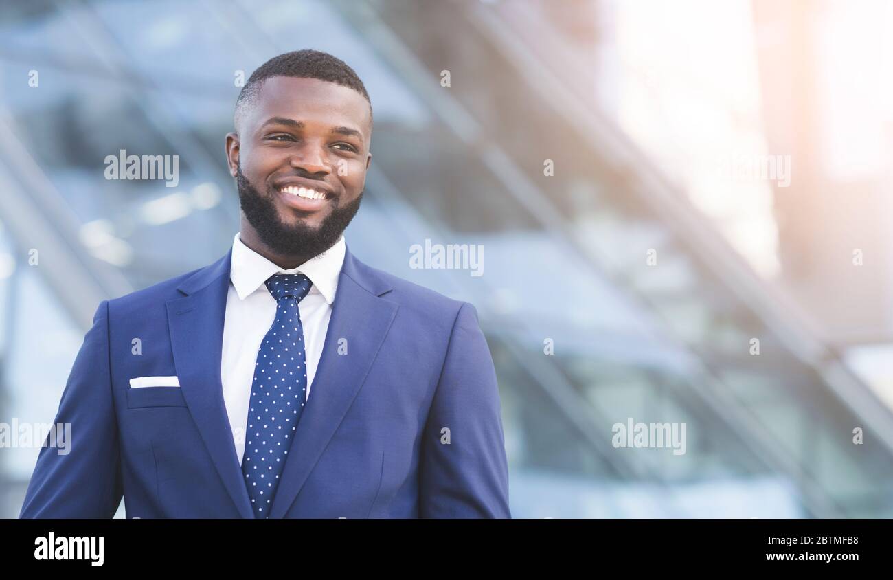 Joyful Businessman Smiling Standing In Urban Area In City Stock Photo ...