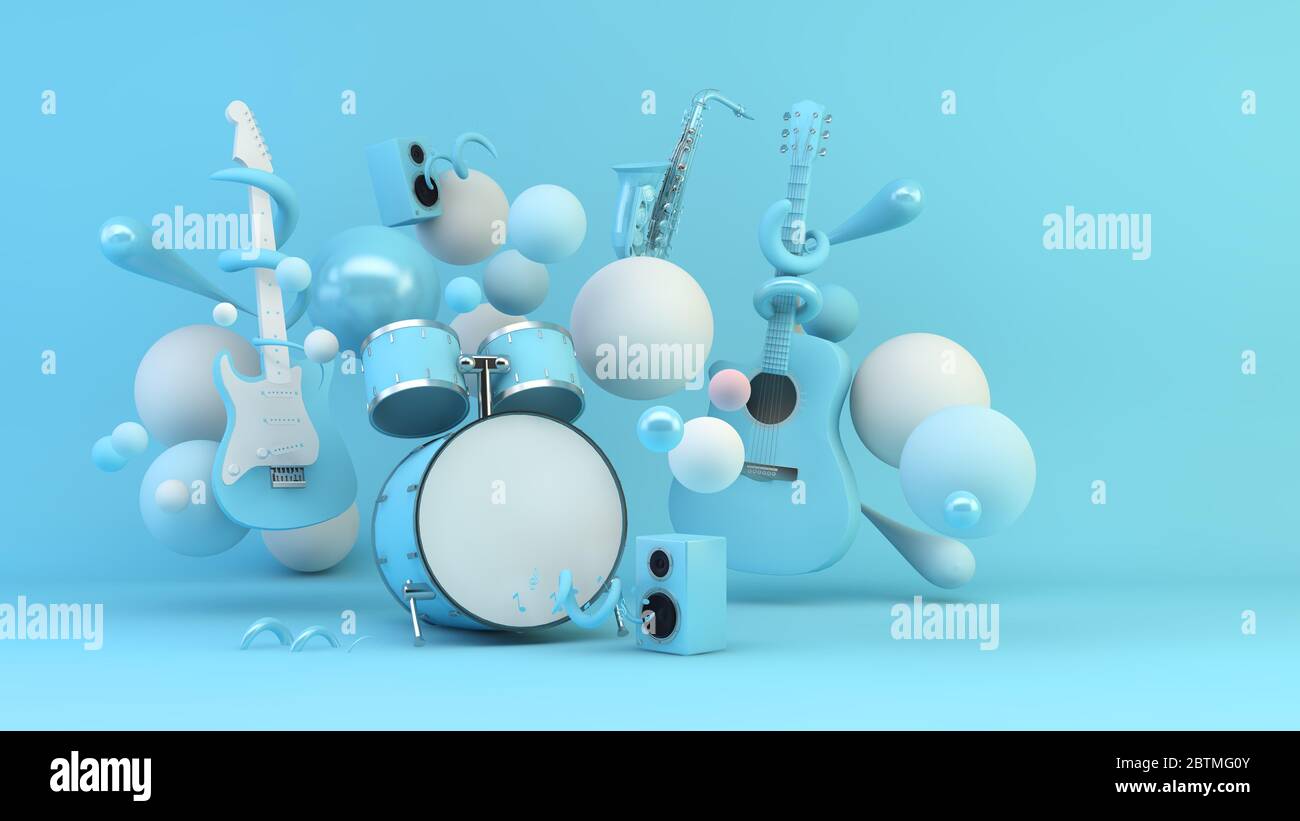 Blue music instruments surrounded by geometric shapes background 3d ...