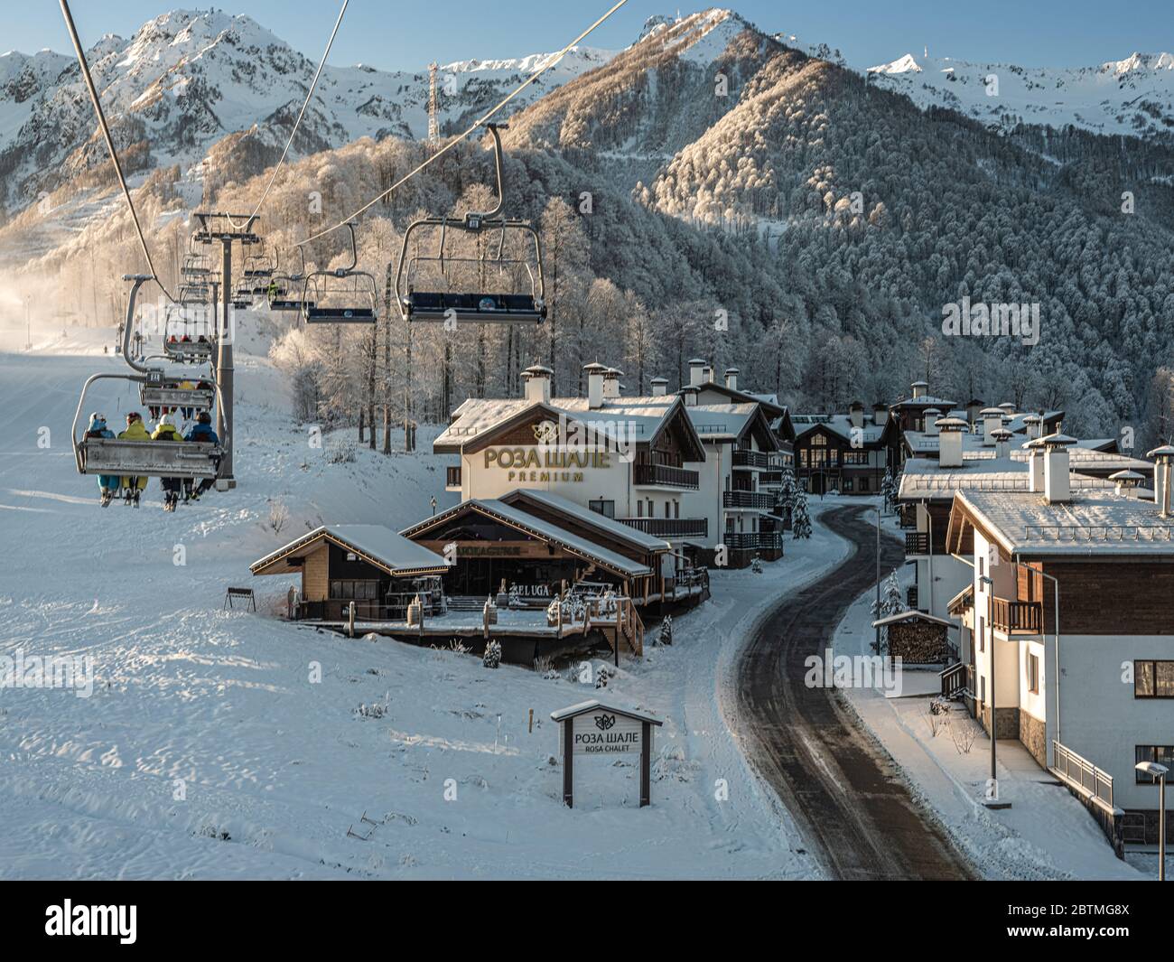 ROSA KHUTOR, RUSSIA - February 13, 2020: ski resort Rosa Khutor, hotel ...
