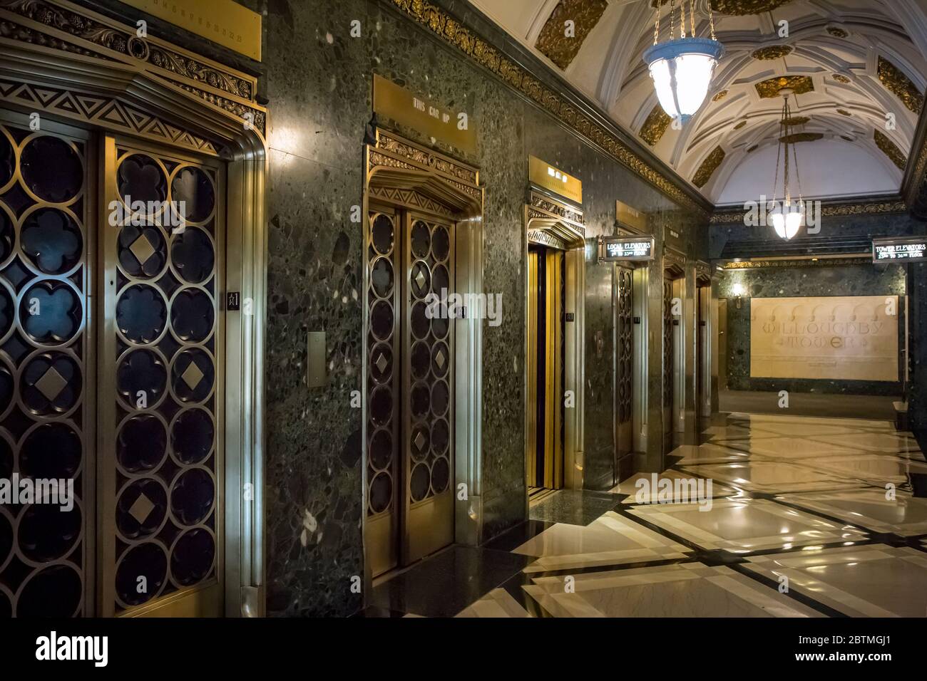 Horizontal shot of the antique elevators of the Willoughby Tower, 8 S ...