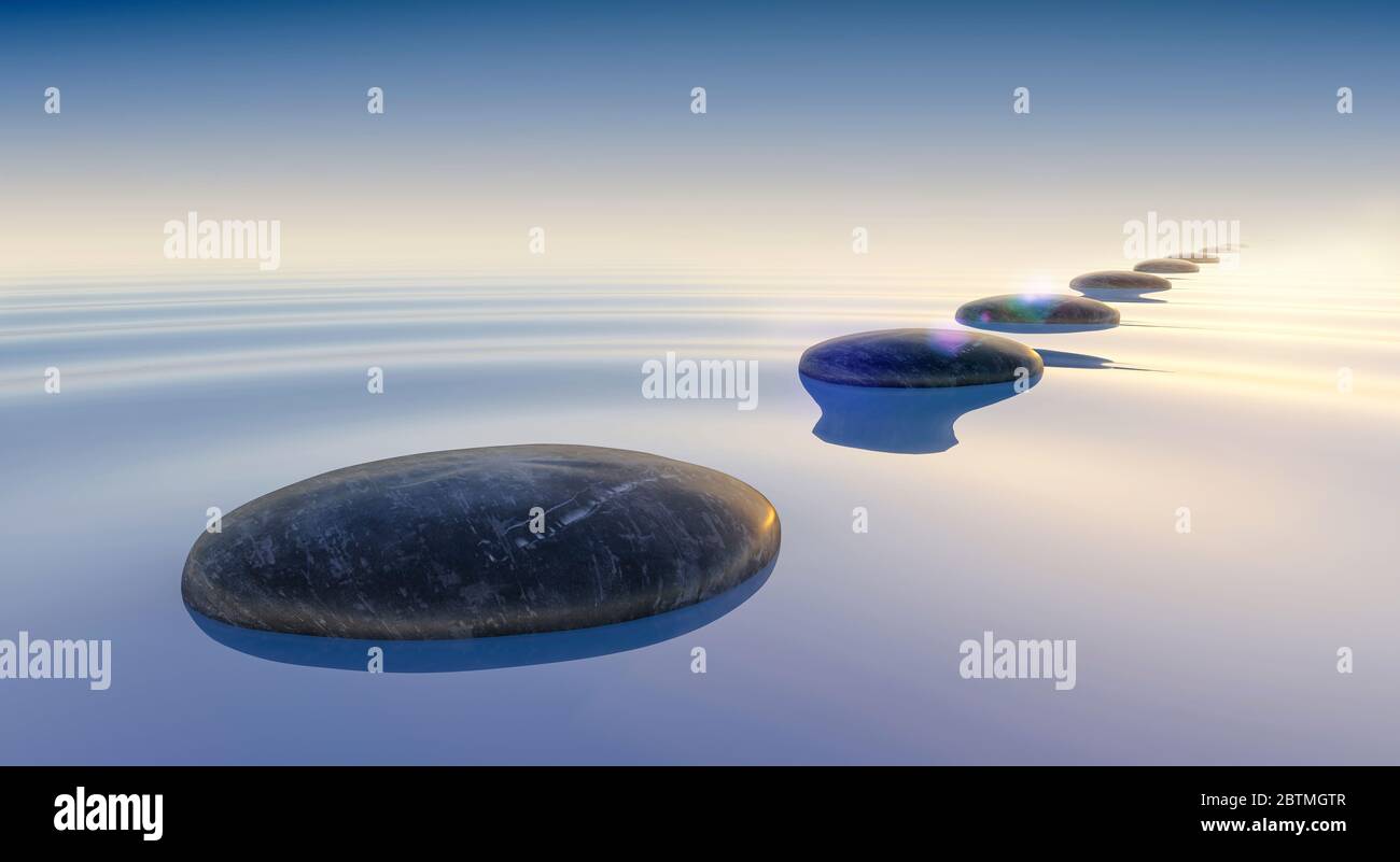 3d render of black stones on calm sea water Stock Photo - Alamy