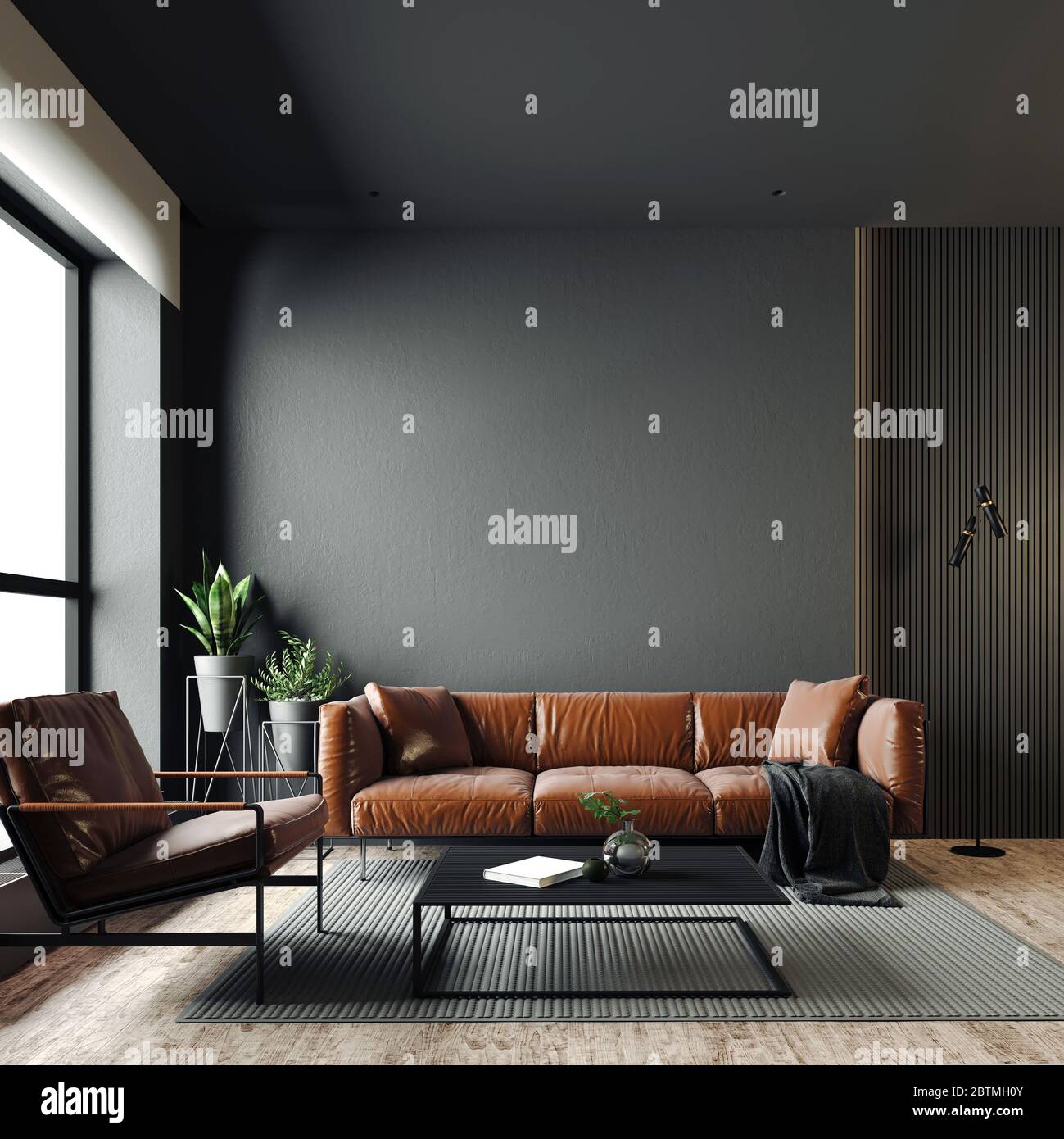 3d render of beautiful interior with dark gray walls Stock Photo - Alamy