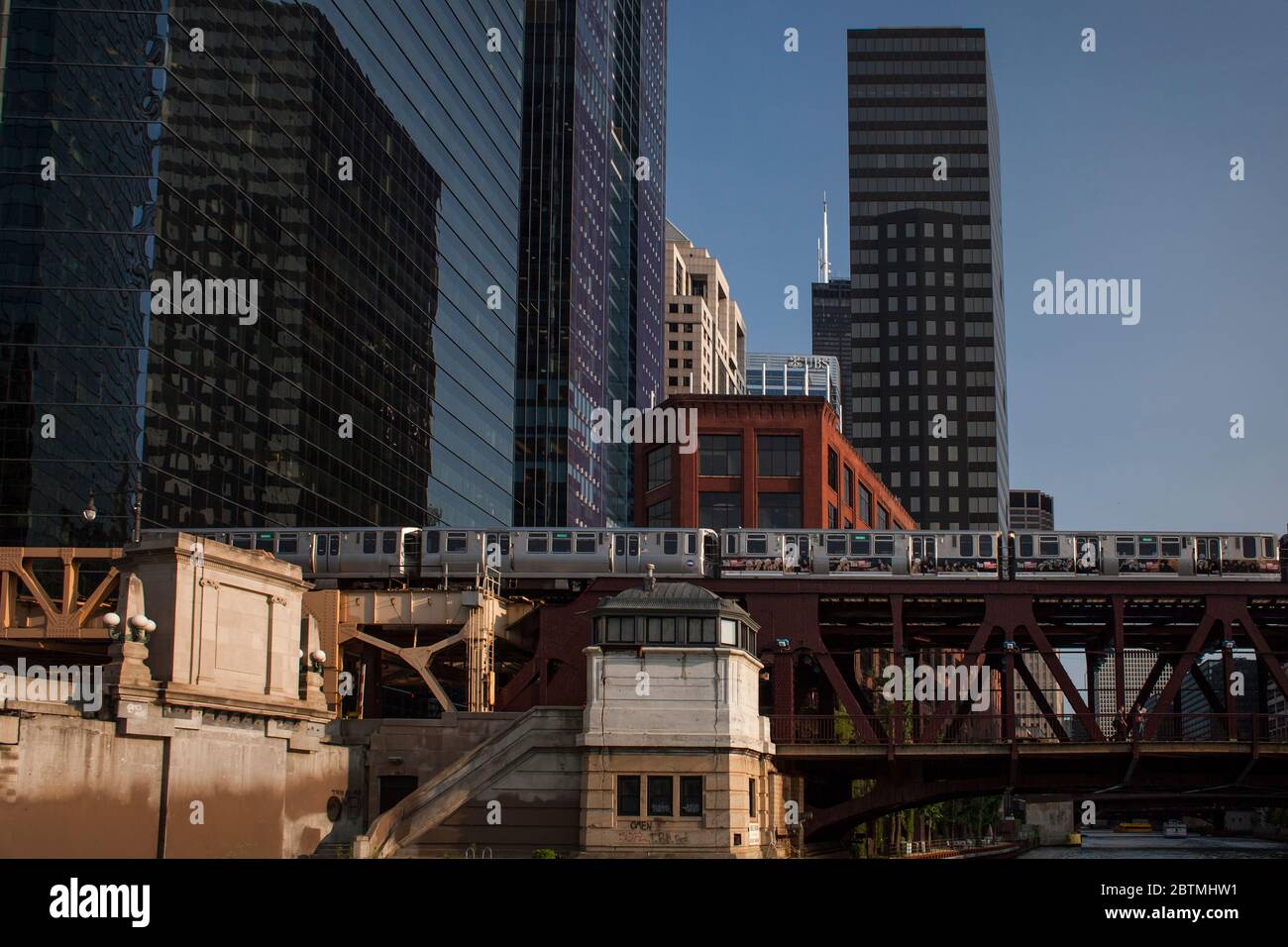 Horizontal sunset view of the Lake Street Bridge with the Loop elevated ...