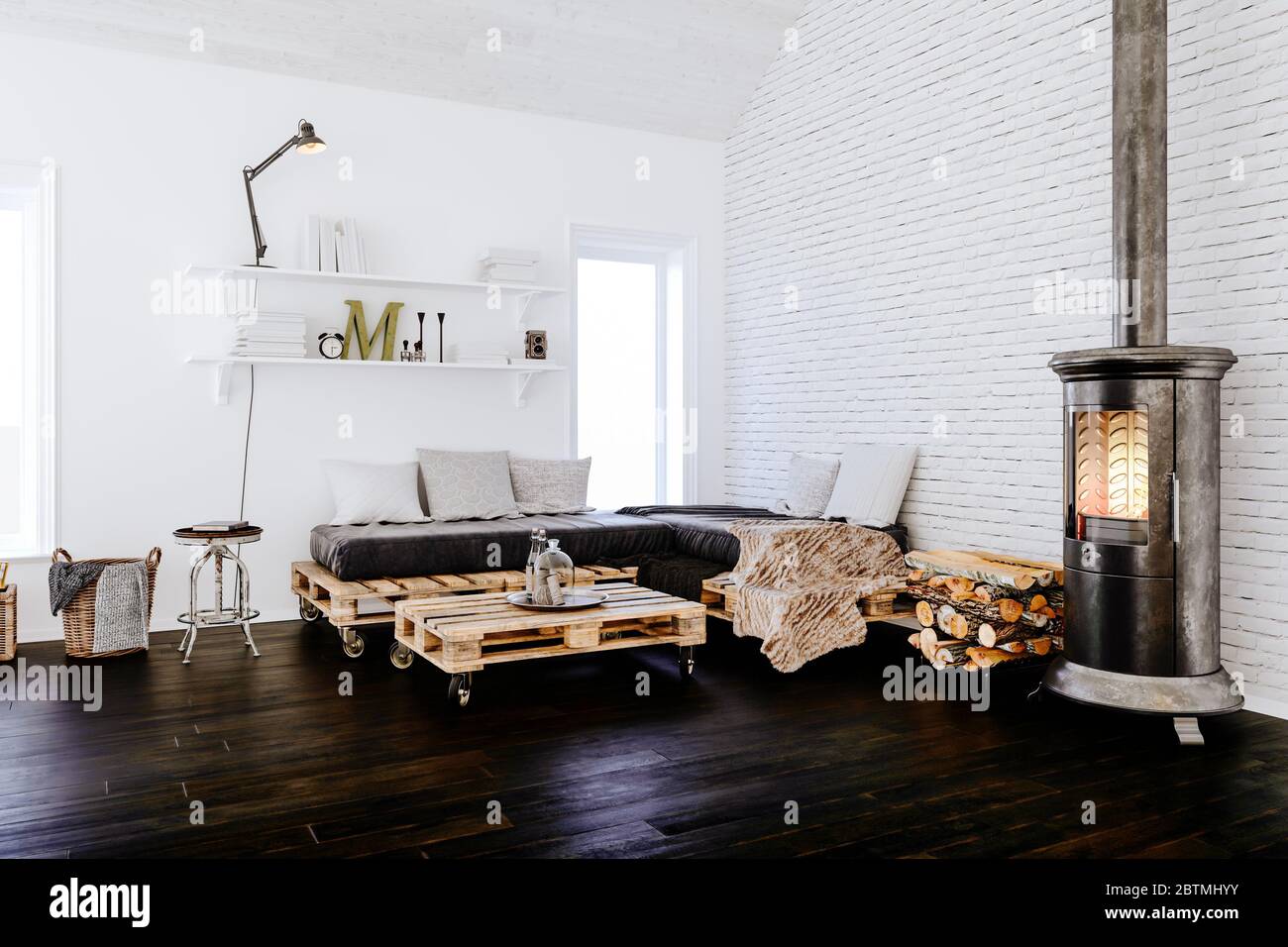 3d beautiful scandinavian interior design Stock Photo - Alamy