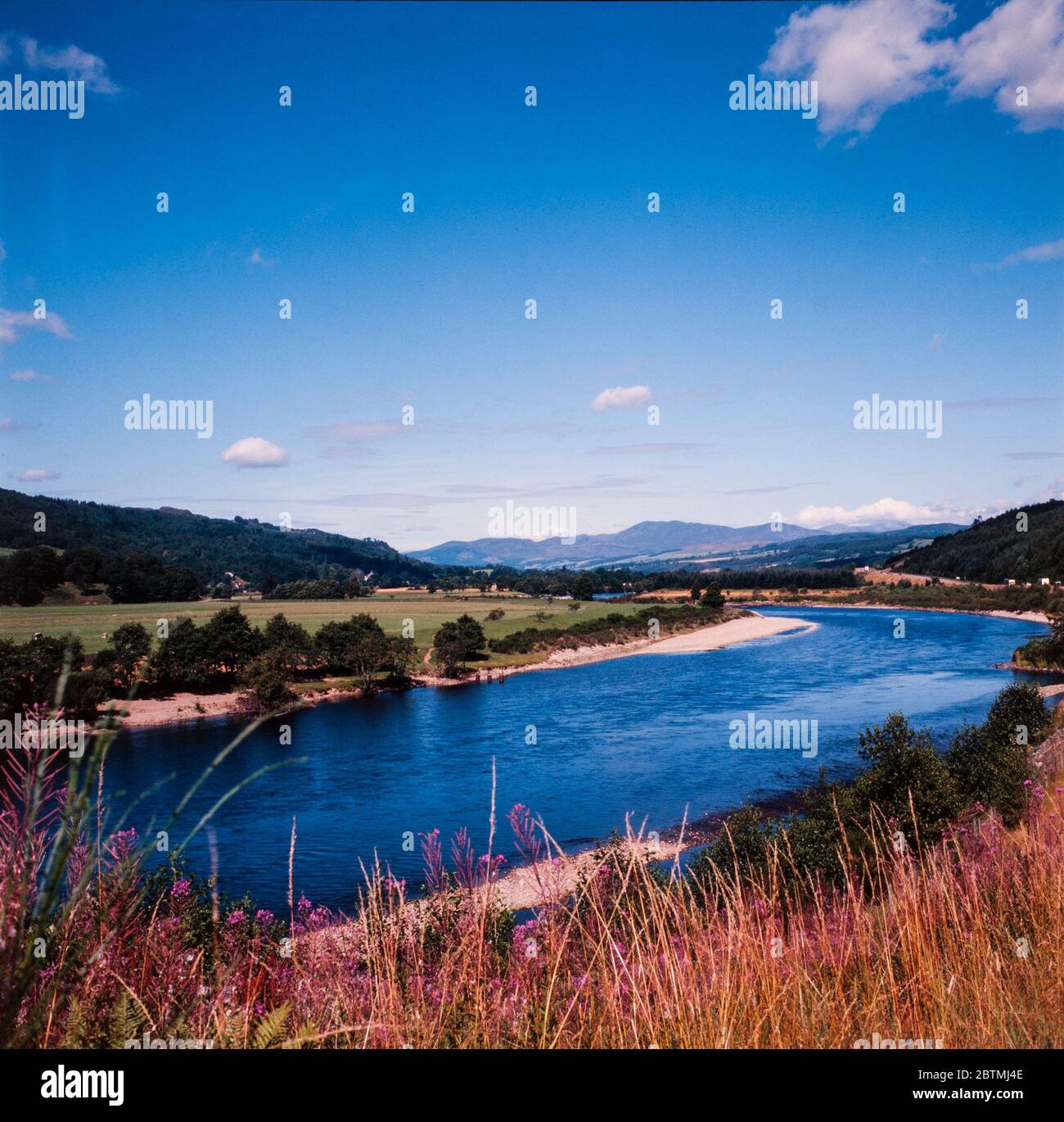 The River Tay flowing alongside the A9 Road looking towards Pitlochry ...