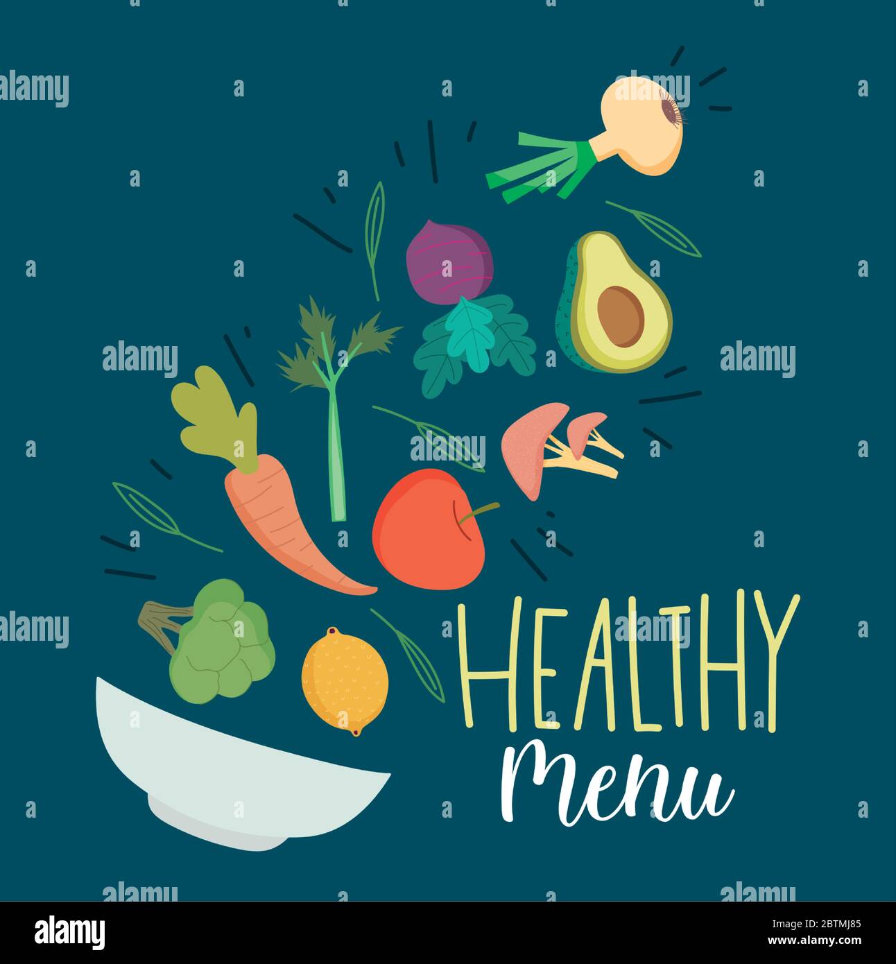 healthy food, fresh fruit and vegetables falling in bowl nutrition diet ...