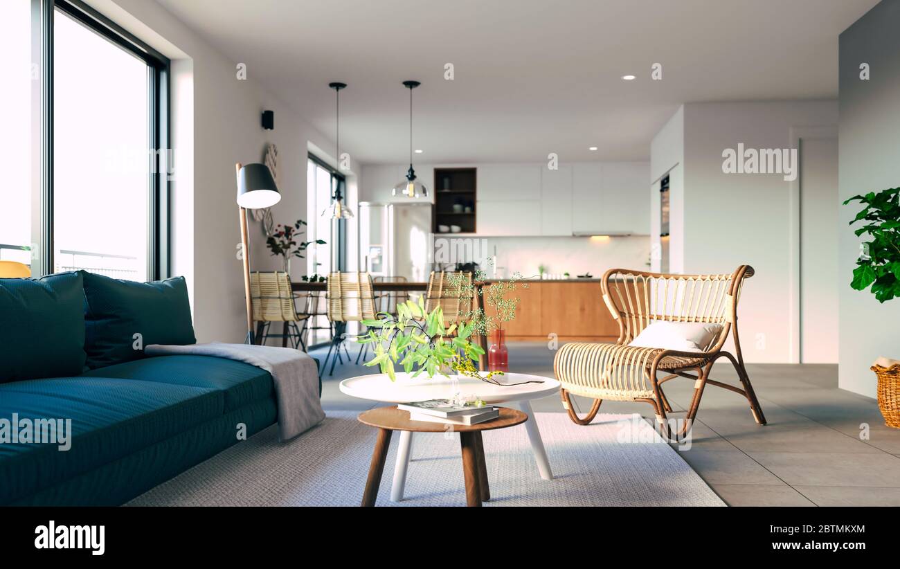 3d beautiful interior living room render Stock Photo - Alamy