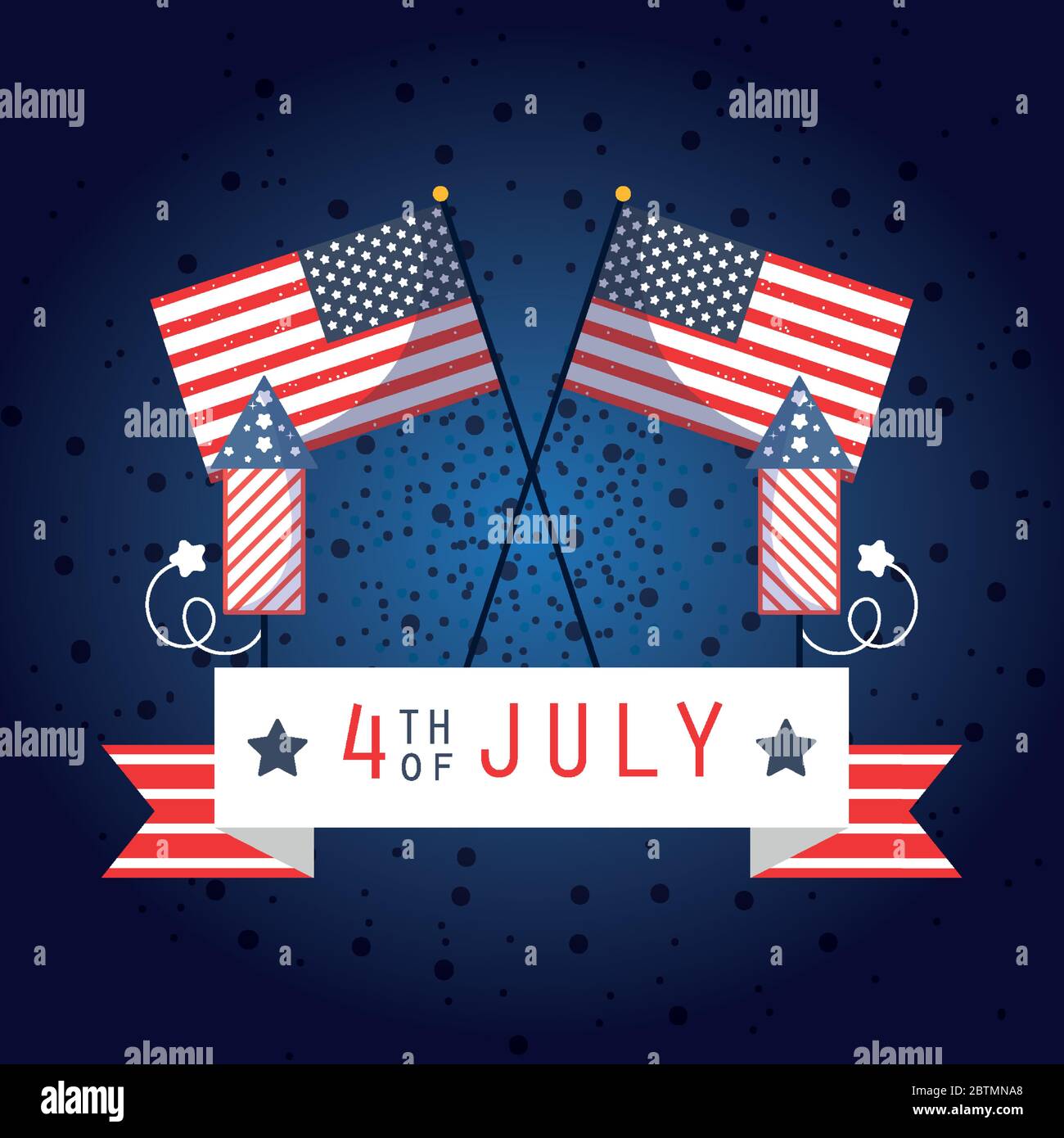 Flags with ribbon and fireworks design, Happy independence day 4th july ...