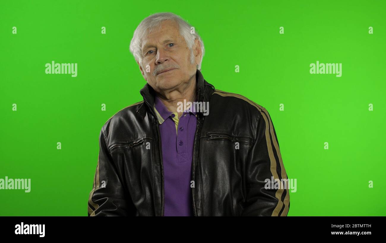 Elderly stylish grandfather caucasian rocker and biker mature man on ...