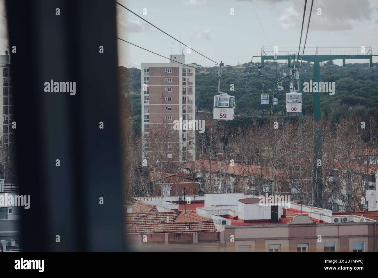 Madrid, Spain - January 26, 2020: View from cable car window over other ...