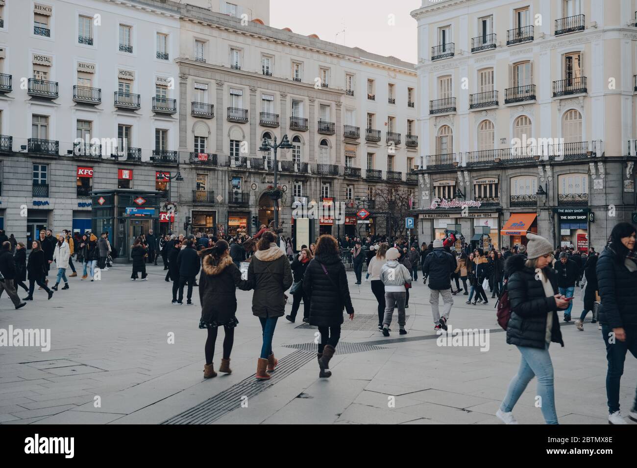 Madrid, Spain - January 26, 2020: Many people walking on Puerta del Sol ...