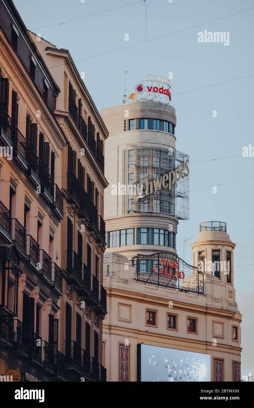 Madrid, Spain - January 26, 2020: View of Edificio Capitol on Gran Via ...