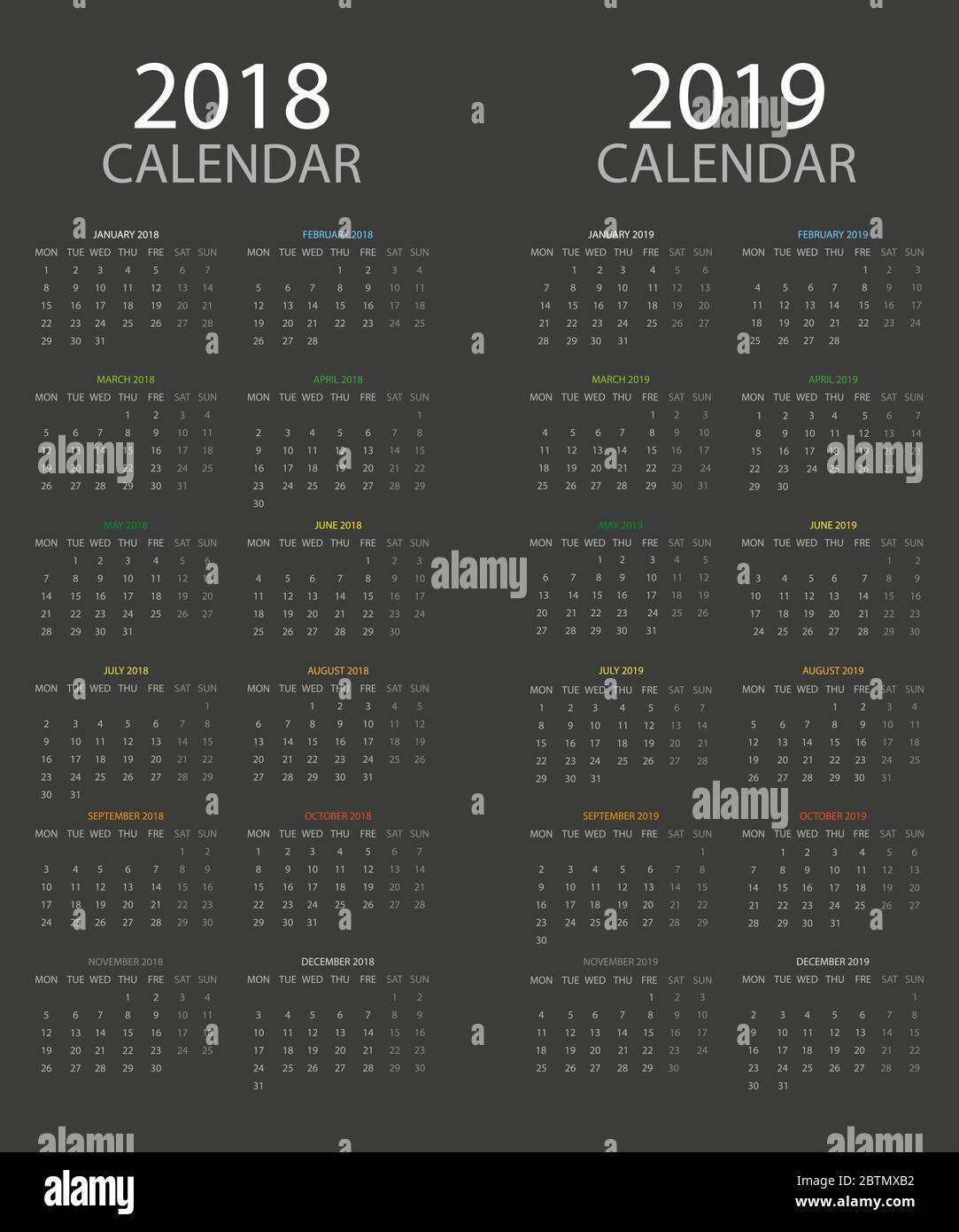 Calendar for 2018 and 2019 years in flat style, vector Stock Vector ...