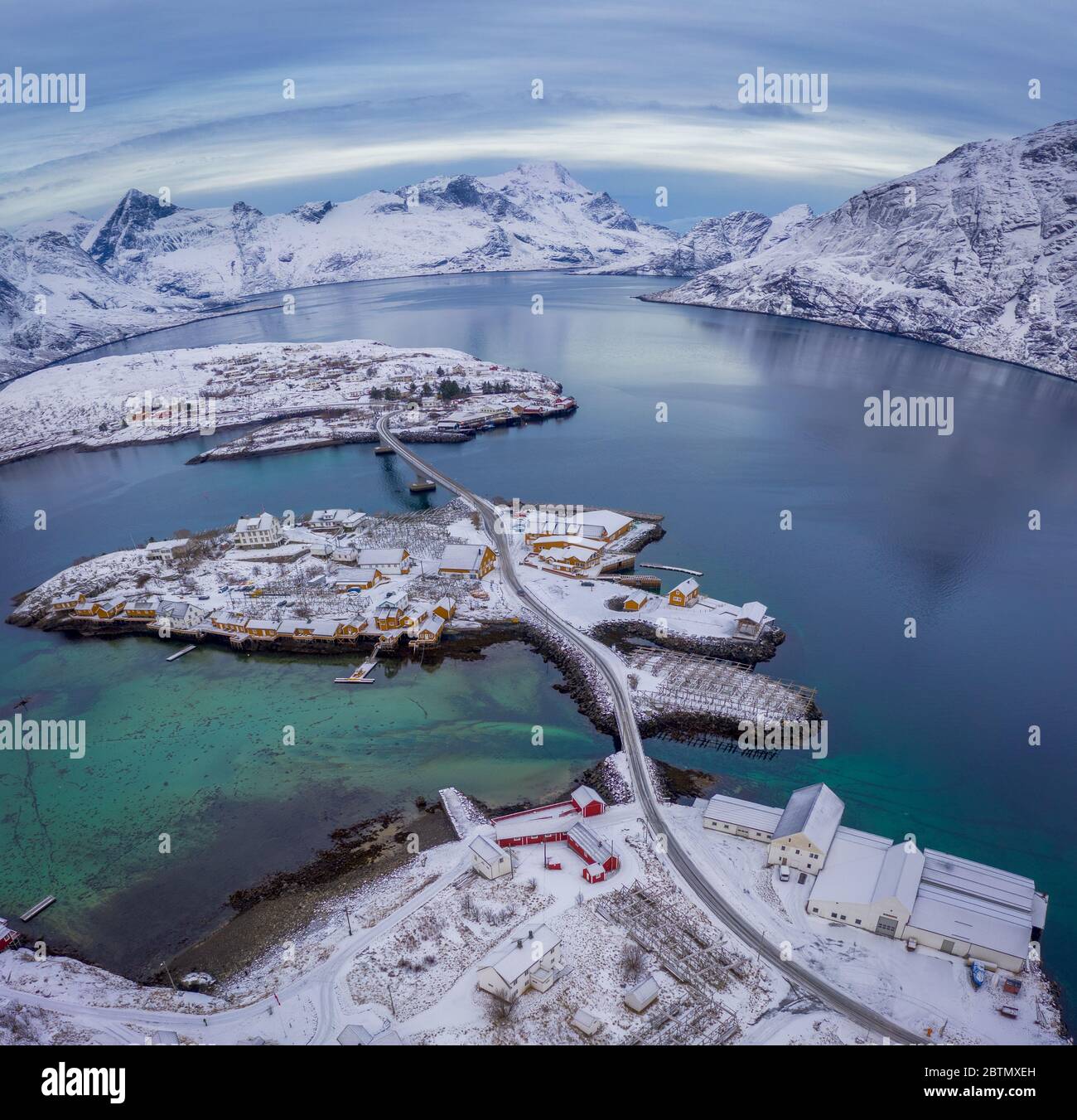 Aerial view of Sakrisoya, Lofoten. Small village with tradiotional ...
