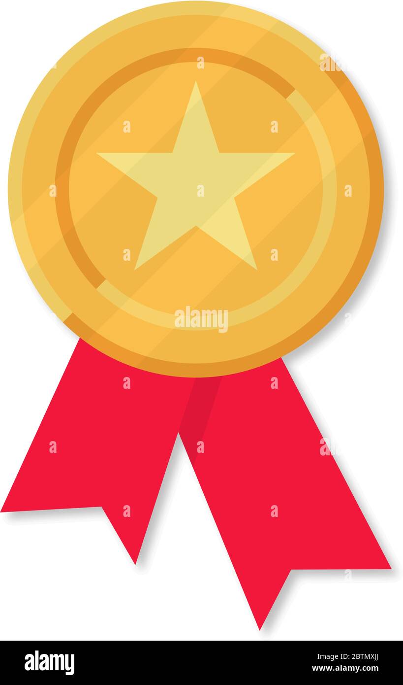 Gold medal with red ribbons in flat style on white background, vector ...