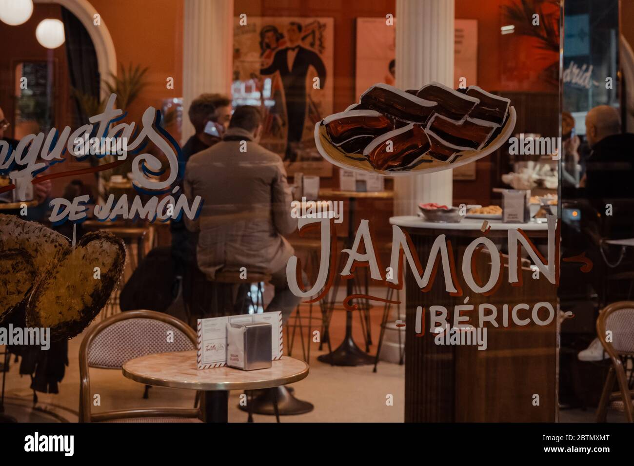 Madrid, Spain - January 26, 2020: Jamon Iberico ("Iberian ham") sign on ...