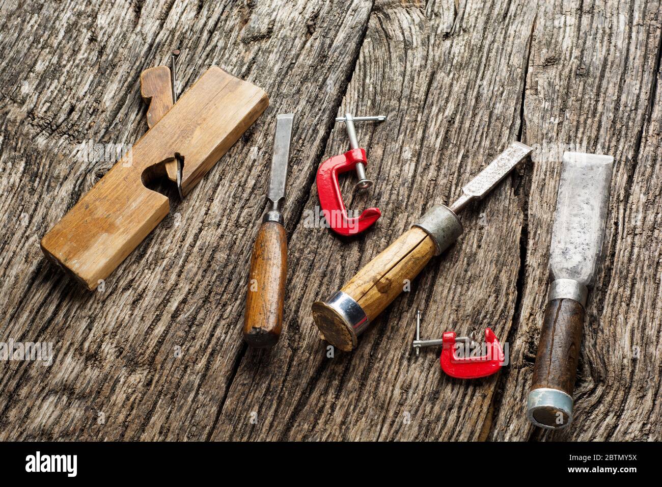 Overhead view of a set of old wood working tools Stock Photo - Alamy
