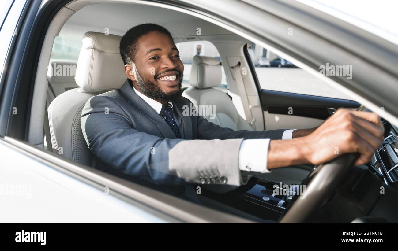 African American Driver Driving Car Sitting In New Automobile, Panorama ...