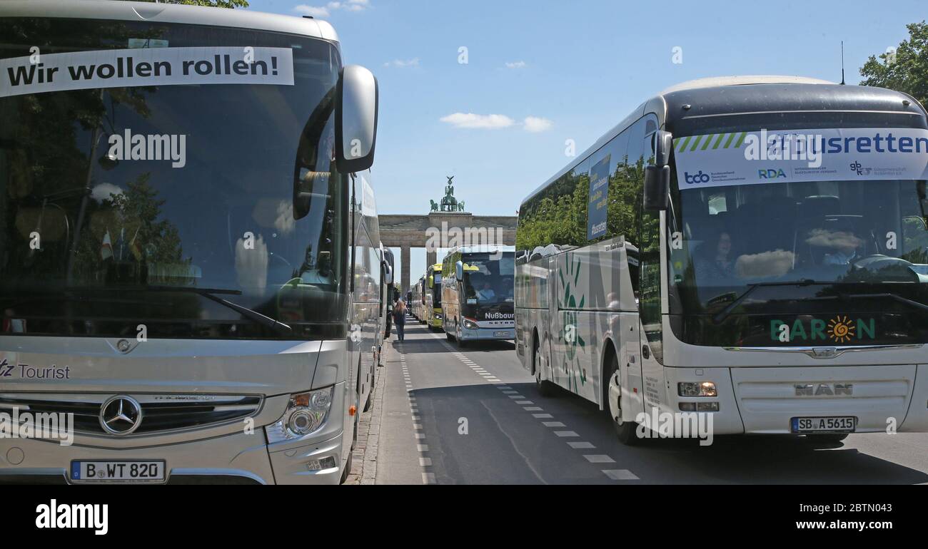 Berlin, Germany. 27th May, 2020. Bus drivers take part with their buses ...
